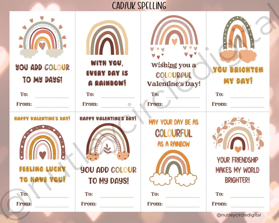 Printable Rainbow Valentines Day Cards, Classroom Valentines Day Cards ...