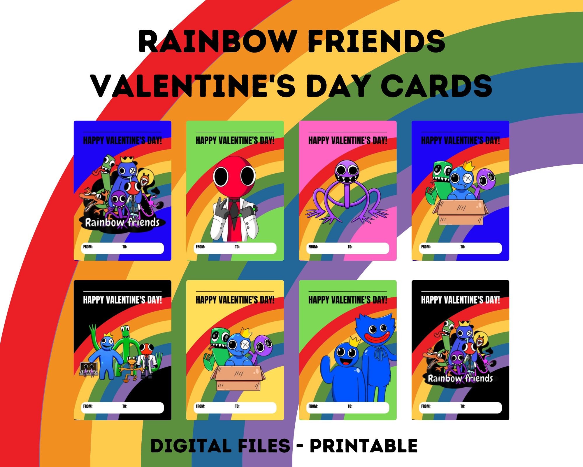 Printable Rainbow Friends Valentines Day Cards, Valentines Class Cards ...