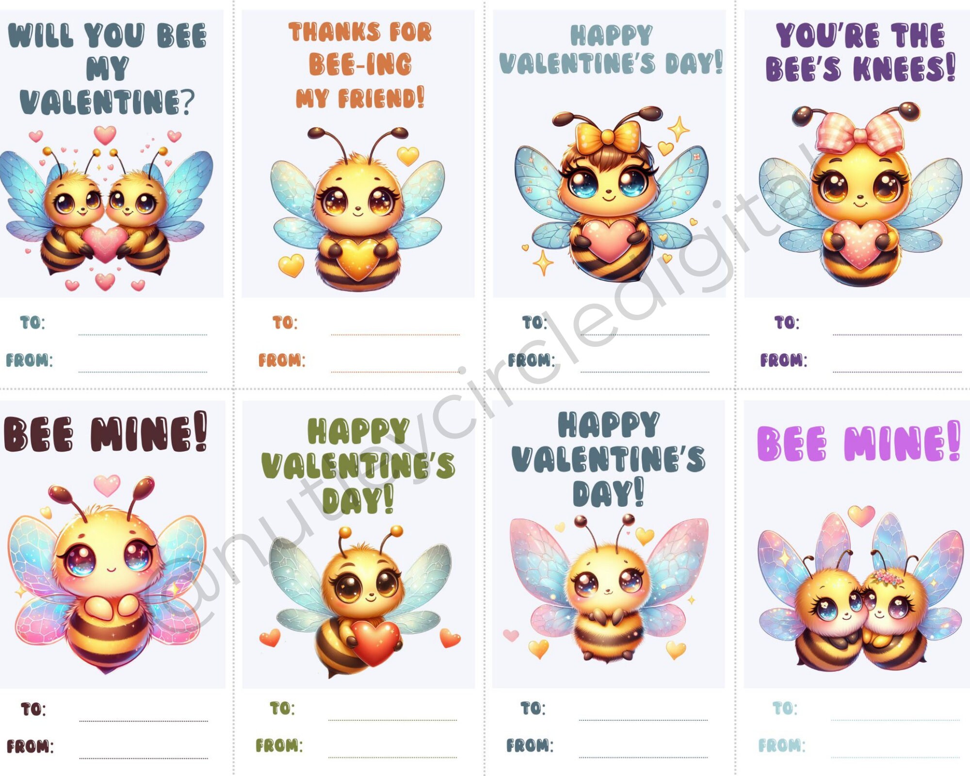 Bee Valentines Day Cards Printable Digital Download Cute Designs for ...