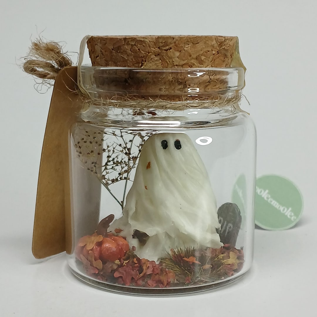 Pet Ghost in a Jar Flowy Sheet Ghost Glow in the Dark Handmade Miniature Diorama Halloween Decor ...