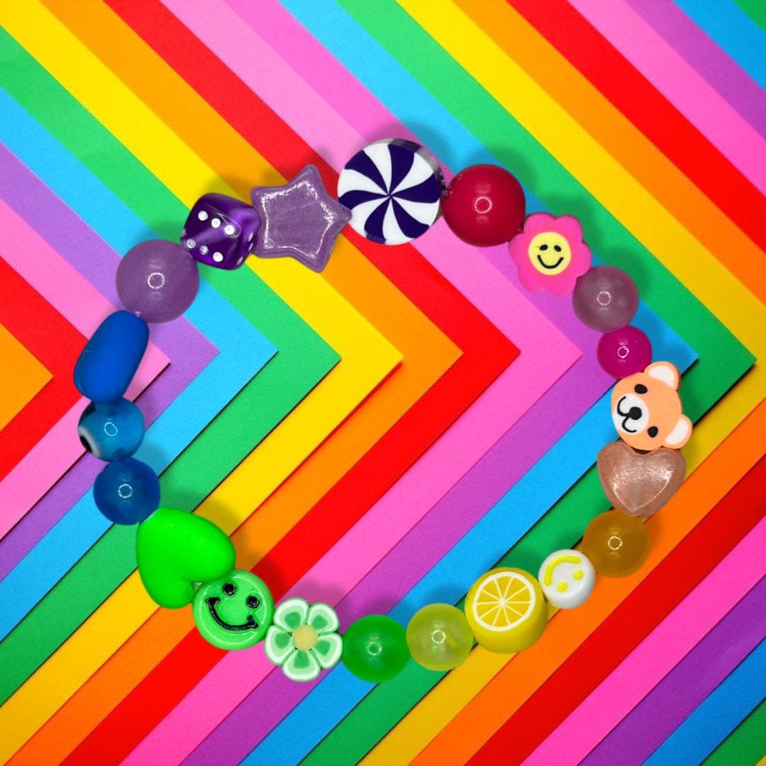 Rainbow Bead Bracelet | Y2k, 90s Aesthetic | Kandi, Rave, PLUR Beads ...