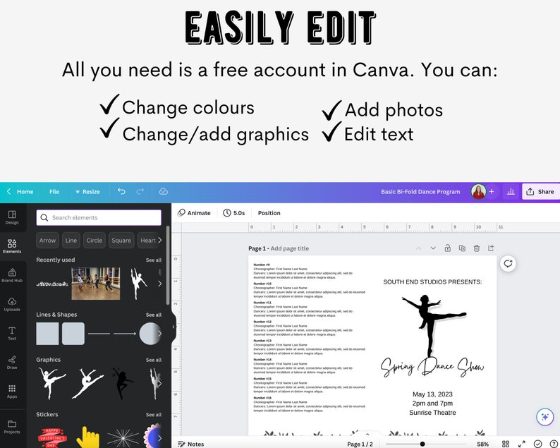 Dance Recital Program Template: Simple Bi-fold Design (canva Editable, Digital Download) - Etsy