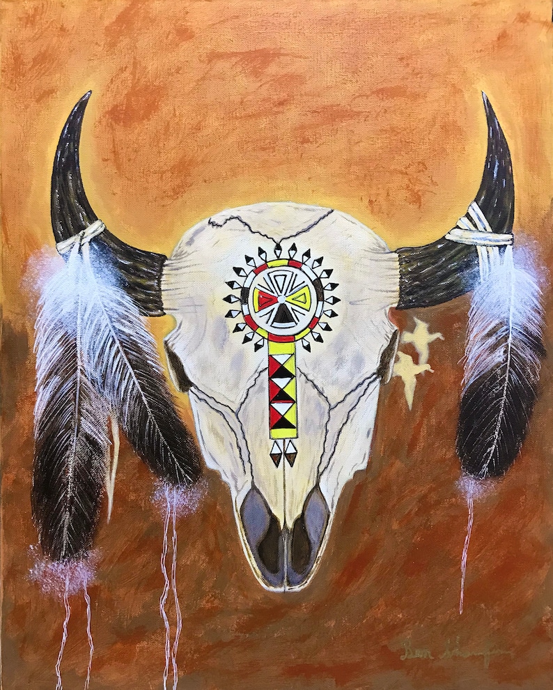 Original Buffalo Skull Native Indian Vintage Art in Acrylic Painting ...