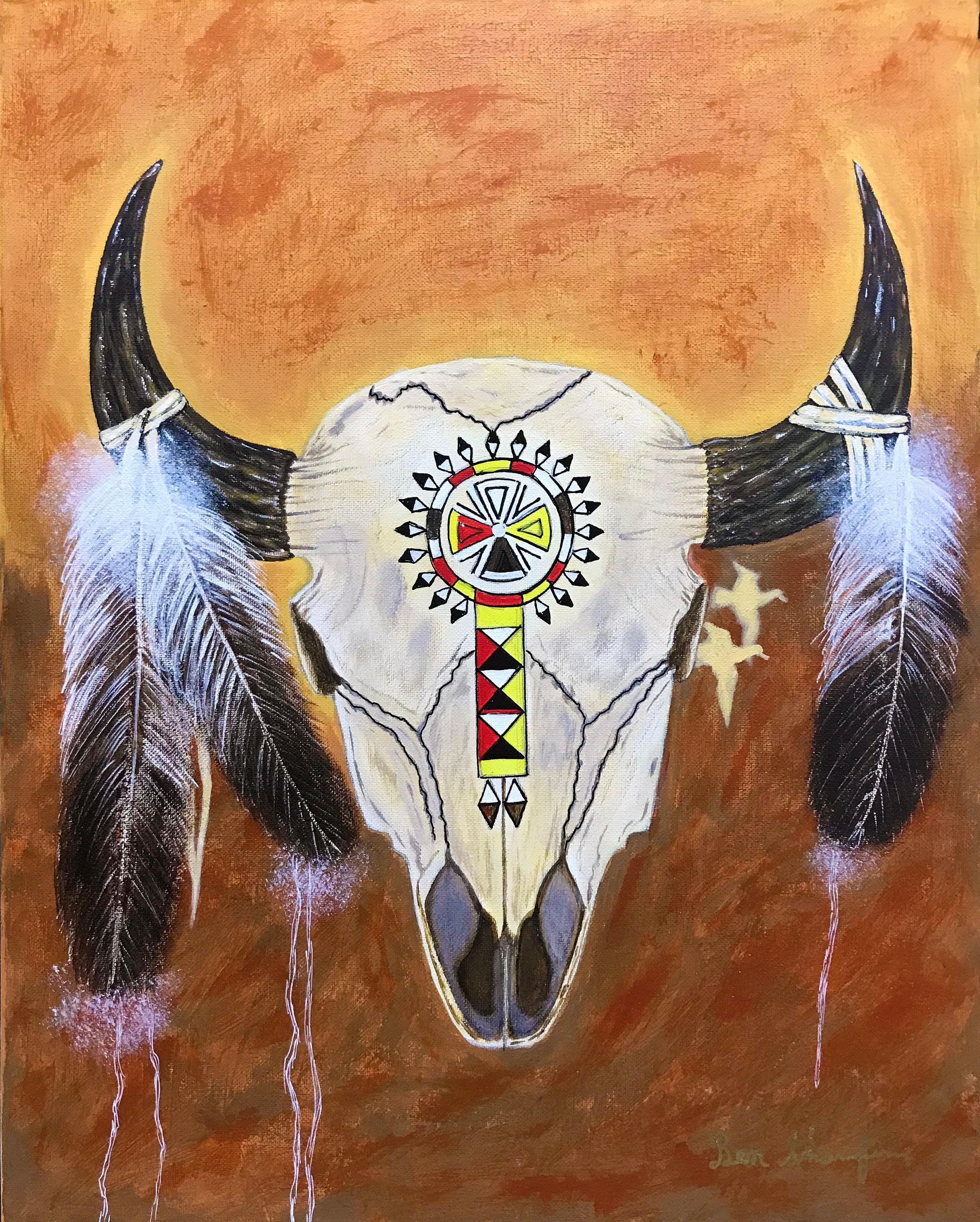 Original Buffalo Skull Native Indian Vintage Art in Acrylic Painting ...