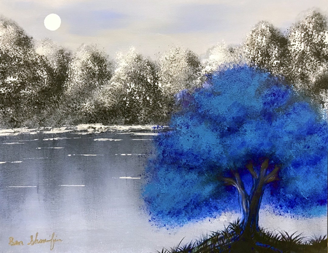 Blue Tree Black and White Landscape - Etsy
