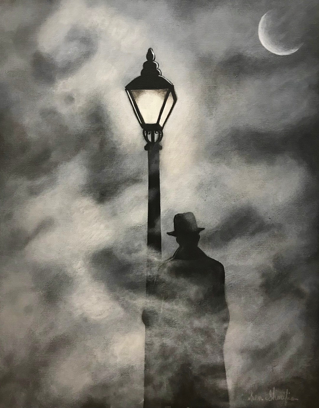 Man in Fog With Lantern and Moonlight Acrylic Painting - Etsy