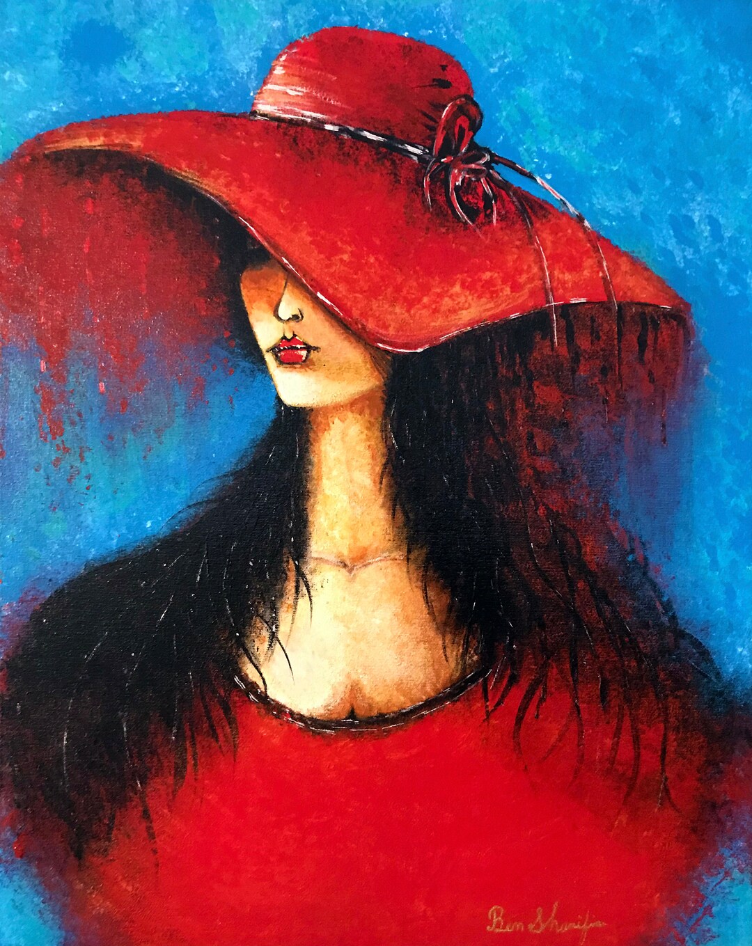 Lady in Red Original Acrylic Painting/ Beautiful Woman Vintage Style ...