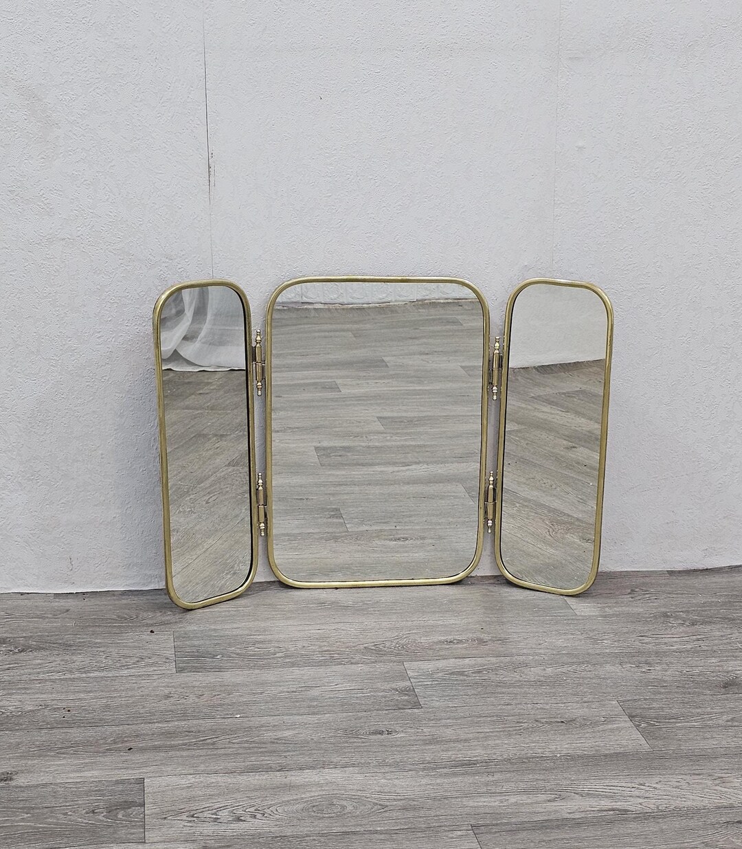 Antique Brass Triptych Mirror Barber Mirror Triple Mirror Vintage Tri ...