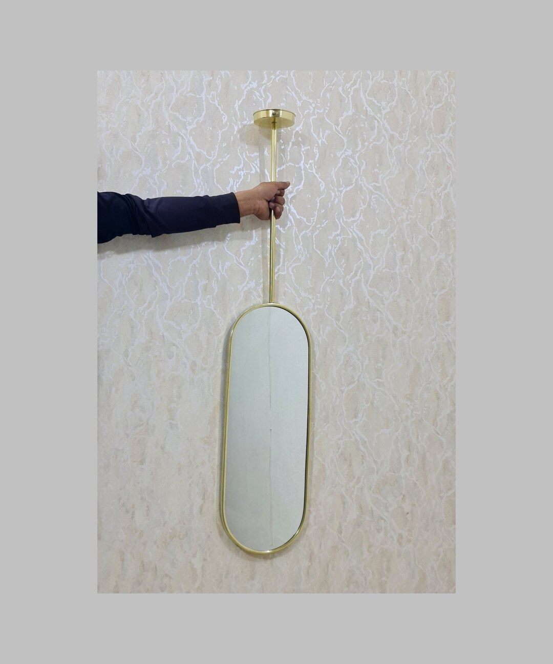 Quadris Ceiling Hanging Suspended Rounded Mirror Oval With Gold Brass ...