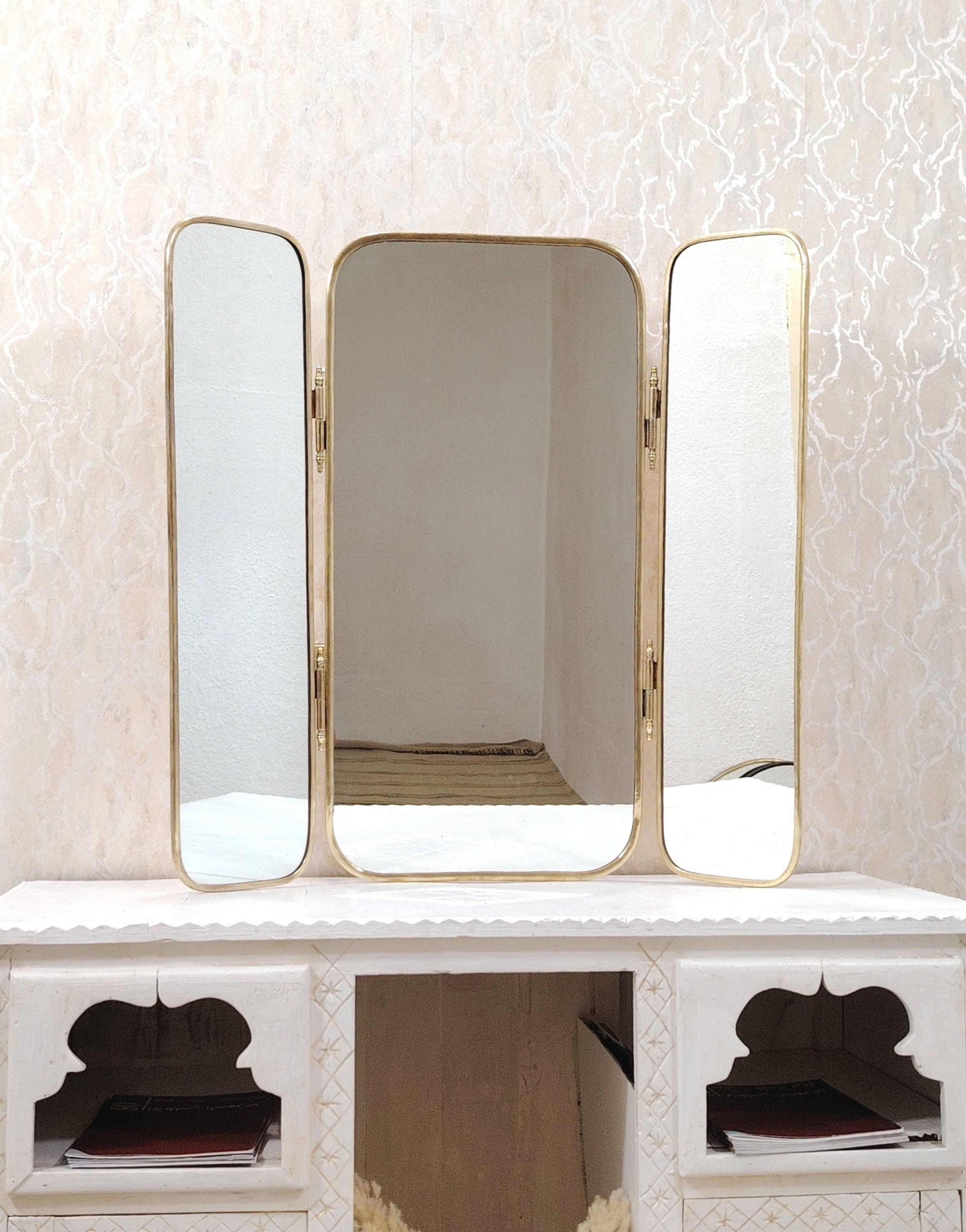 Handmade Moroccan Brass Triptych Mirror: Golden Vanity Mirror - Etsy