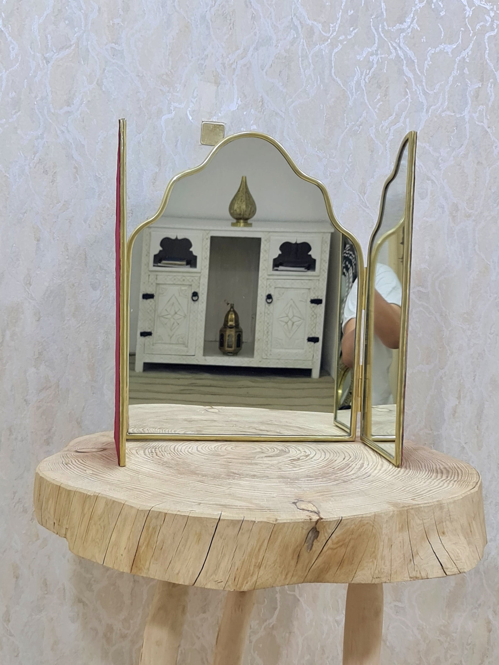 Golden Triple Vanity Brass Mirror Triptych Mirror Triple Mirror Vintage ...