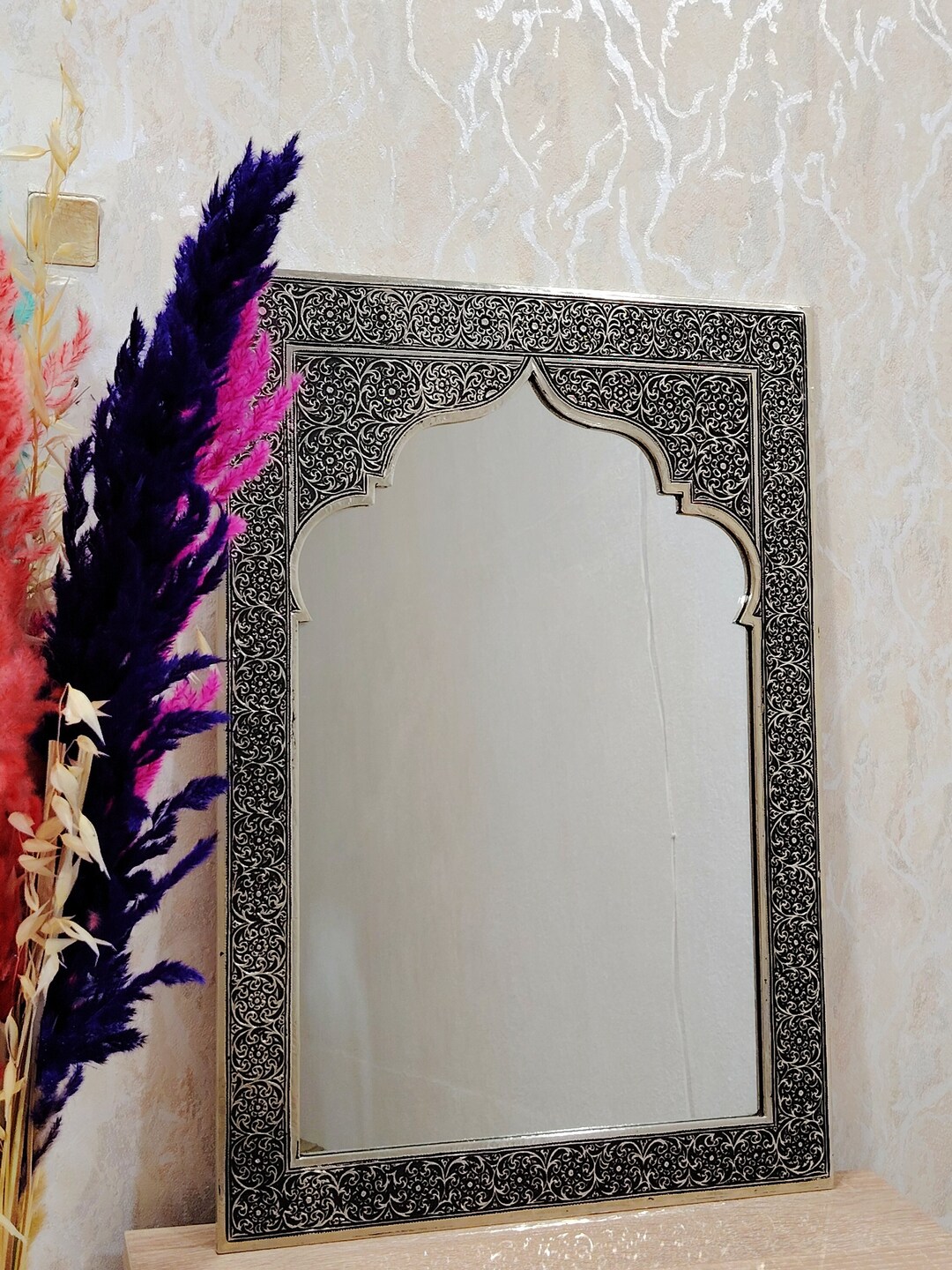 Handmade Moroccan Brass Wall Mirror: Silver Carved Vanity Mirror - Etsy