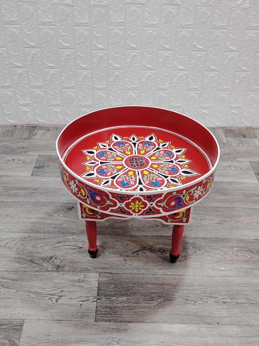 Red Tea Wood Table Moroccan Hand-painted Small Round Coffe Table Blue ...