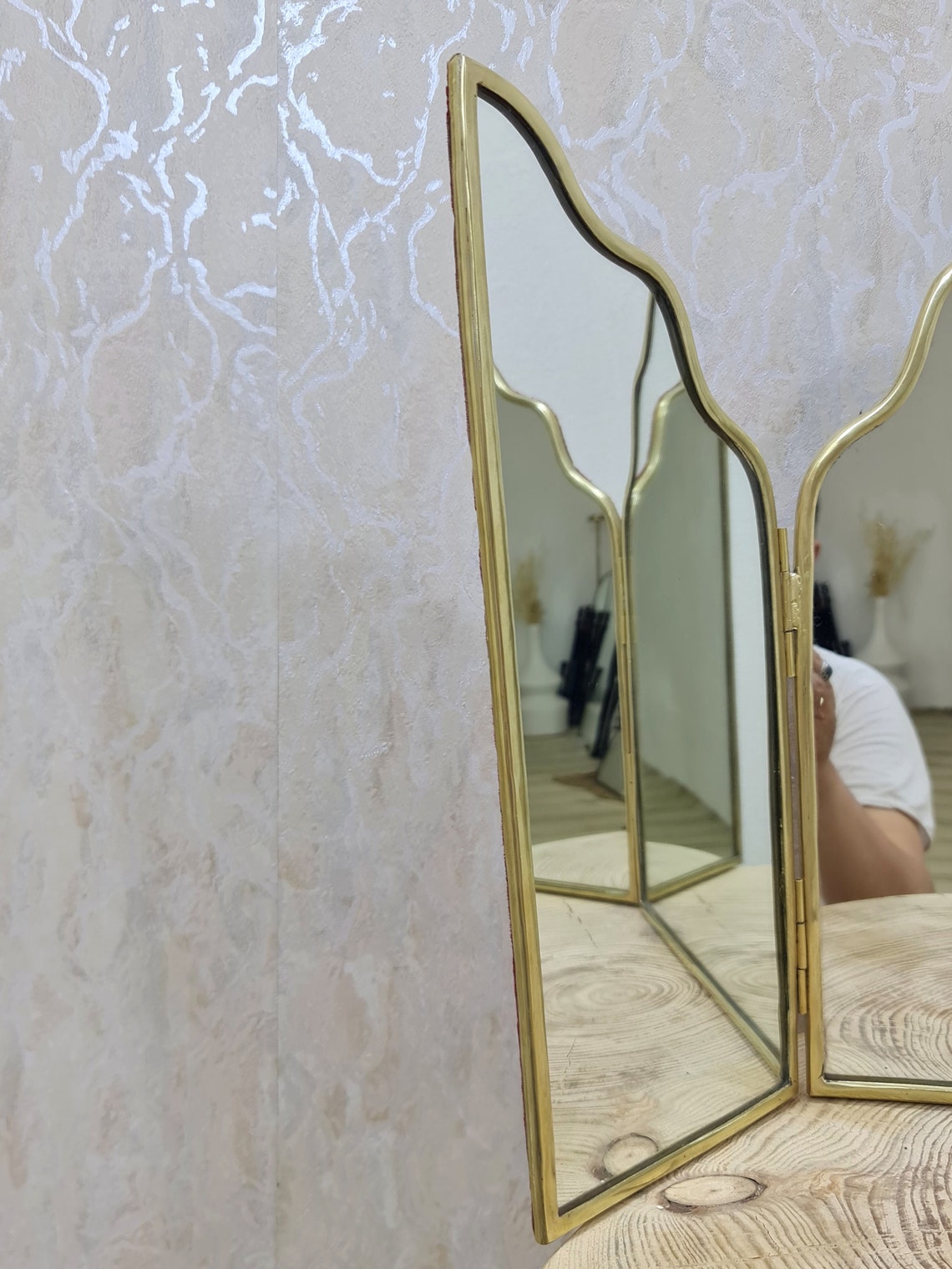 Golden Triple Vanity Brass Mirror Triptych Mirror Triple Mirror Vintage ...