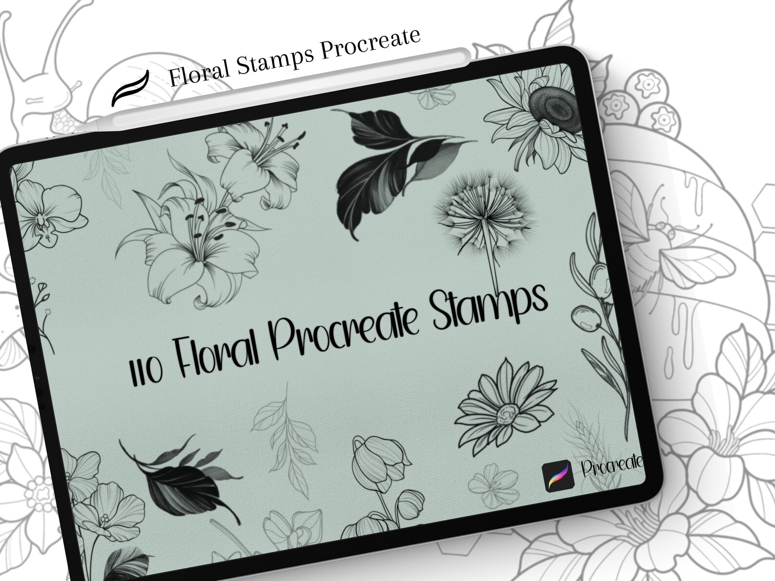 110 Floral Stamps Procreate Bundle, Fineline Floral Stamps, Procreate ...