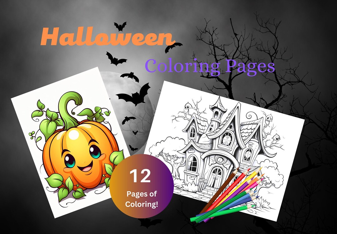 12 Halloween Coloring Page Book, Kids Adults Coloring, Instant Download ...