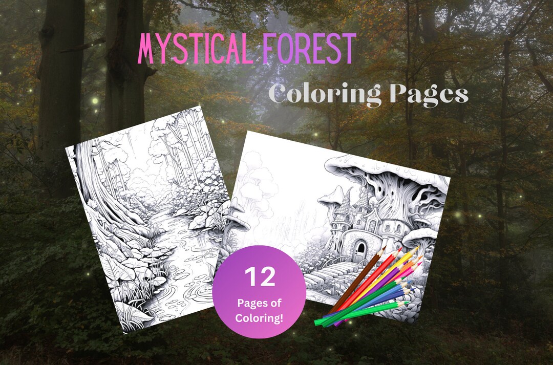 12 Mystical Forest Coloring Page Book, Kids Adults Coloring, Instant ...