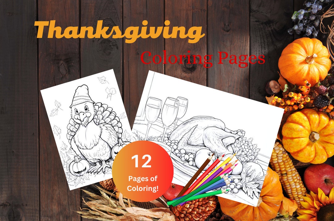 12 Thanksgiving Coloring Page Book, Kids Adults Coloring, Instant ...