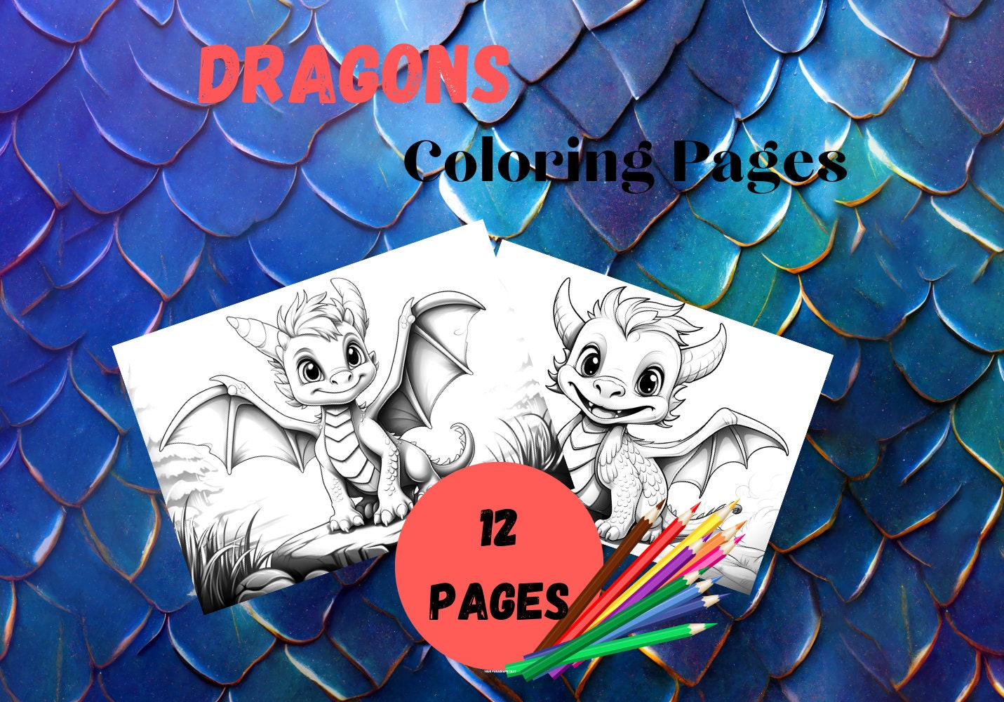 12 Dragons Coloring Page Book, Kids Adults Coloring, Instant Download ...