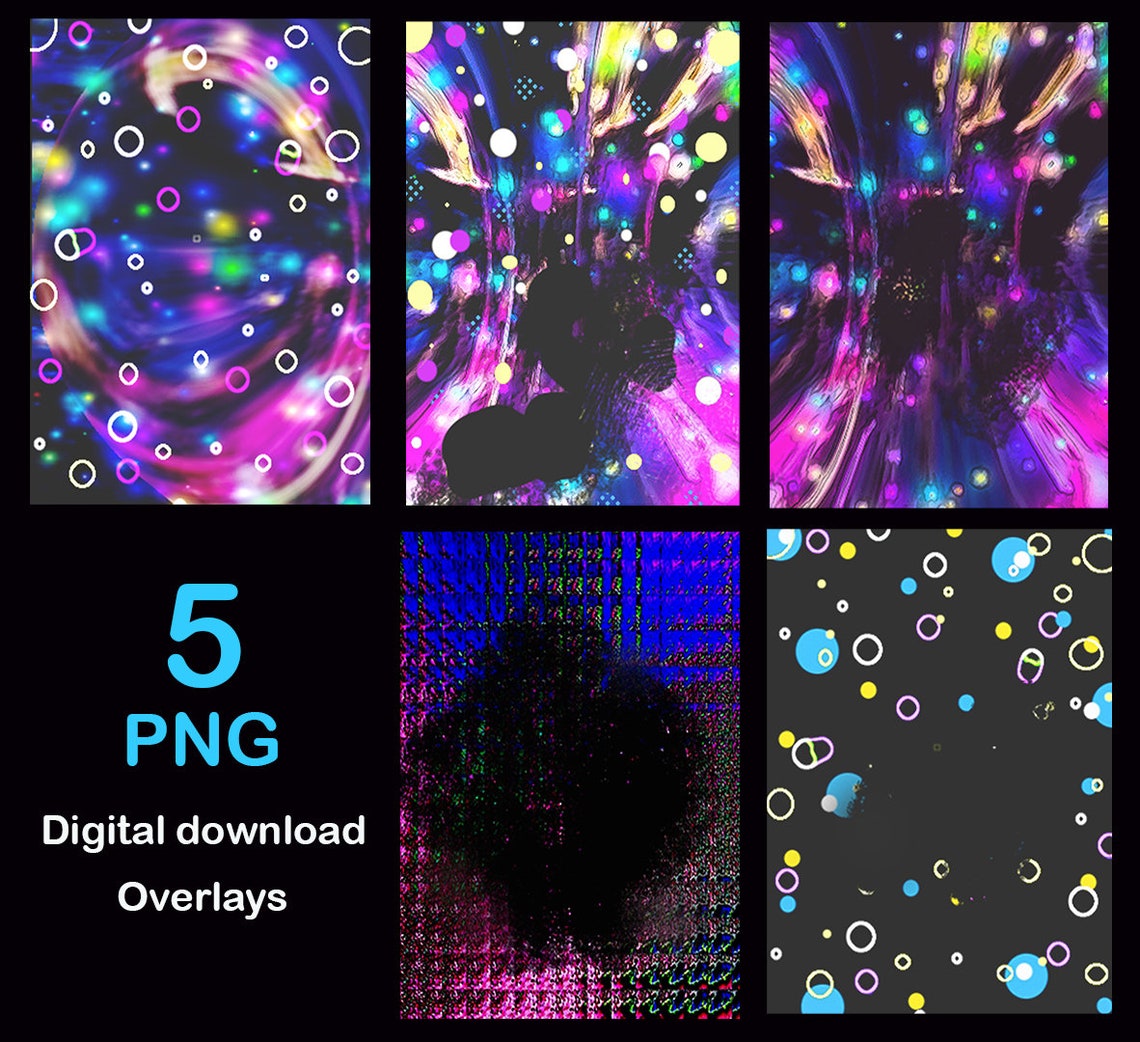 Bright Lights Series 1-colorful Psychedelic Png Overlays (pack of 5) - Etsy