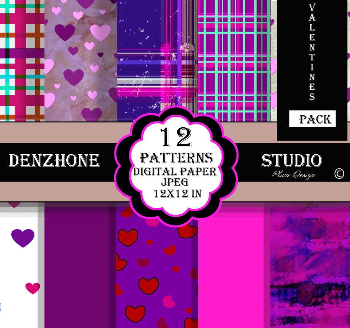 Vivid Valentines Day Digital Paper Pack of 12 Purple Hearts - Etsy