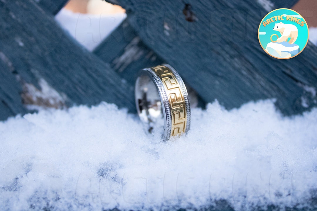 Gold and Silver Greek-style Engraved Titanium Ring - 8mm - Women/unisex ...