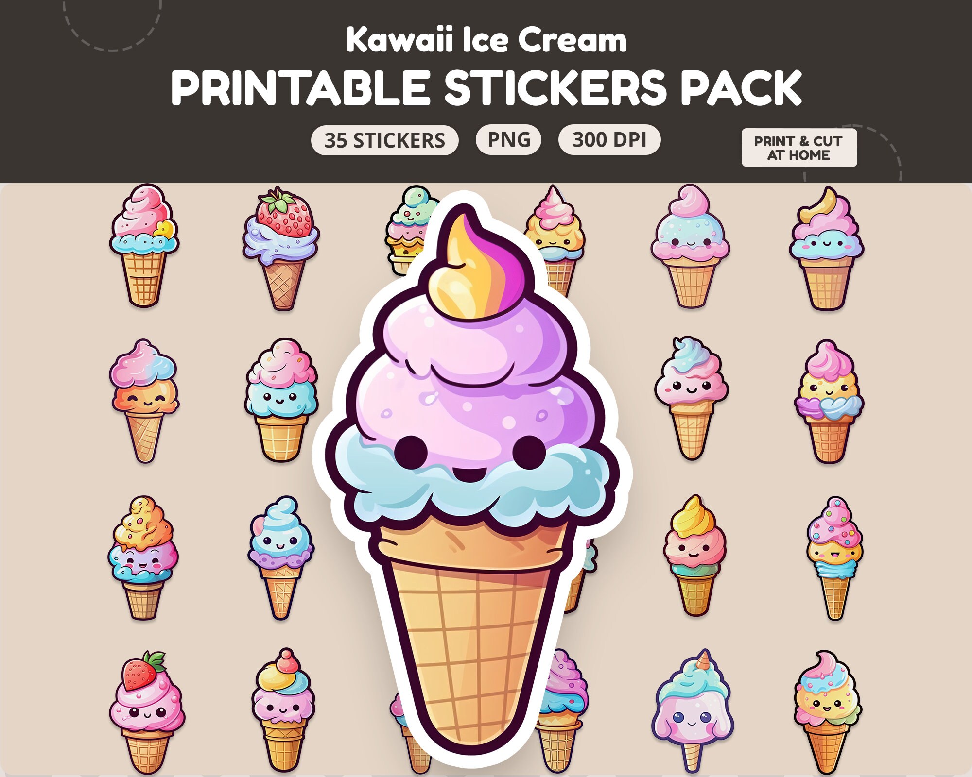 Kawaii Ice Cream Printable Stickers PNG, Ice Cream Sticker, Printable ...