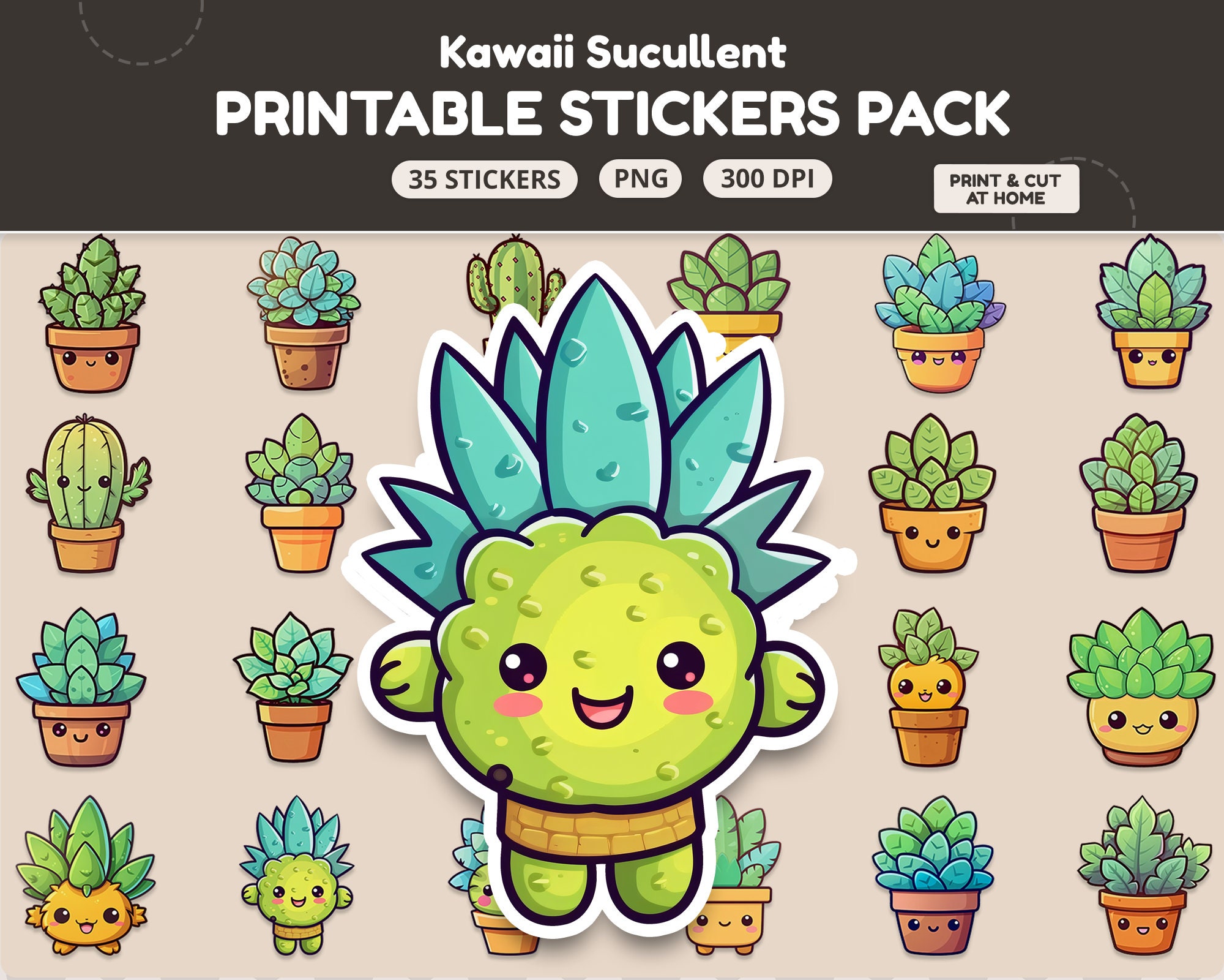 Kawaii Succulent Printable Stickers PNG, Succulent Sticker, Printable ...