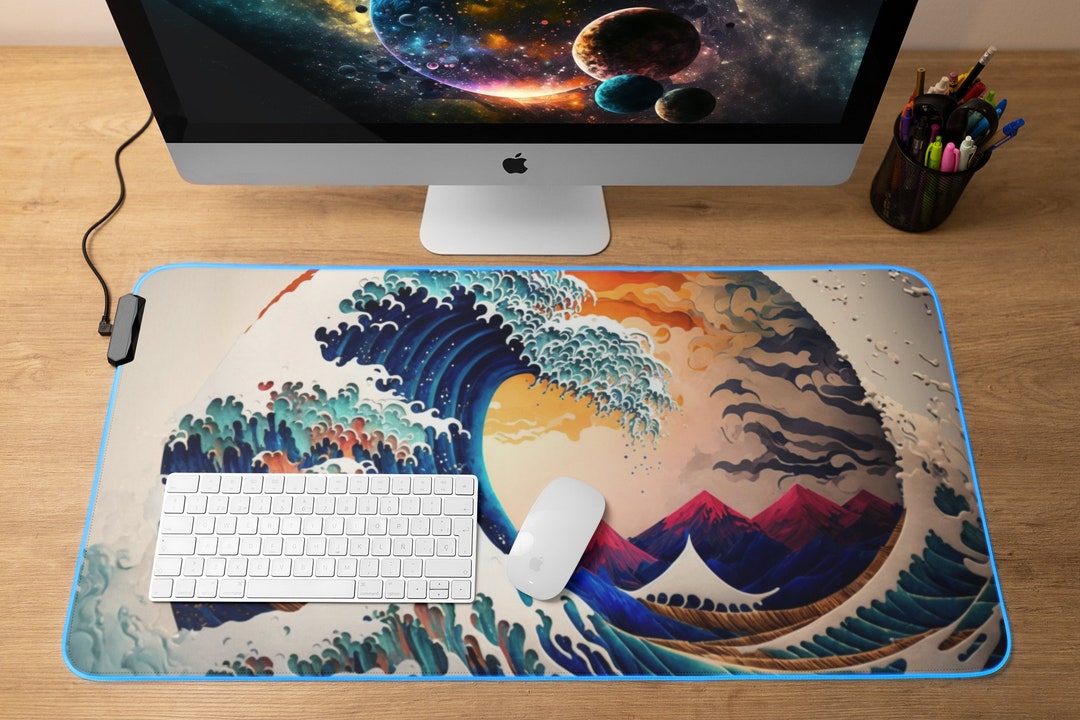 Japanese Waves Themed LED Gaming Mouse Pad 35.4x15.7 XXL Extended Non ...