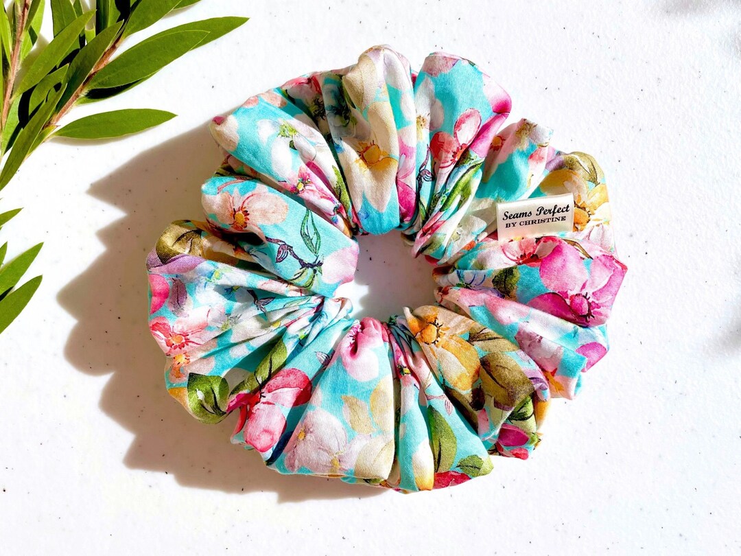 XL Scrunchie KATIA Blue Floral Hair Tie Turquoise Ponytail Holder Gifts ...