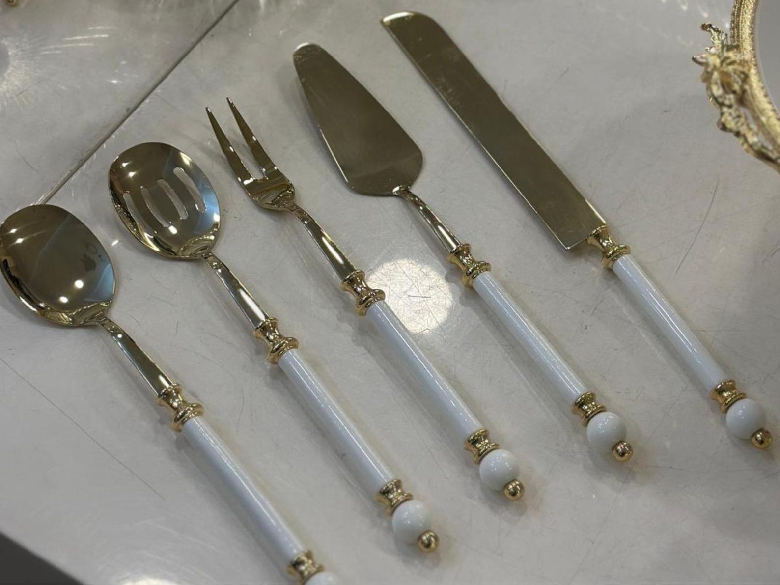 White Handle Serving Utensil Set | 5 Piece Stainless Steel Fork Spoon ...