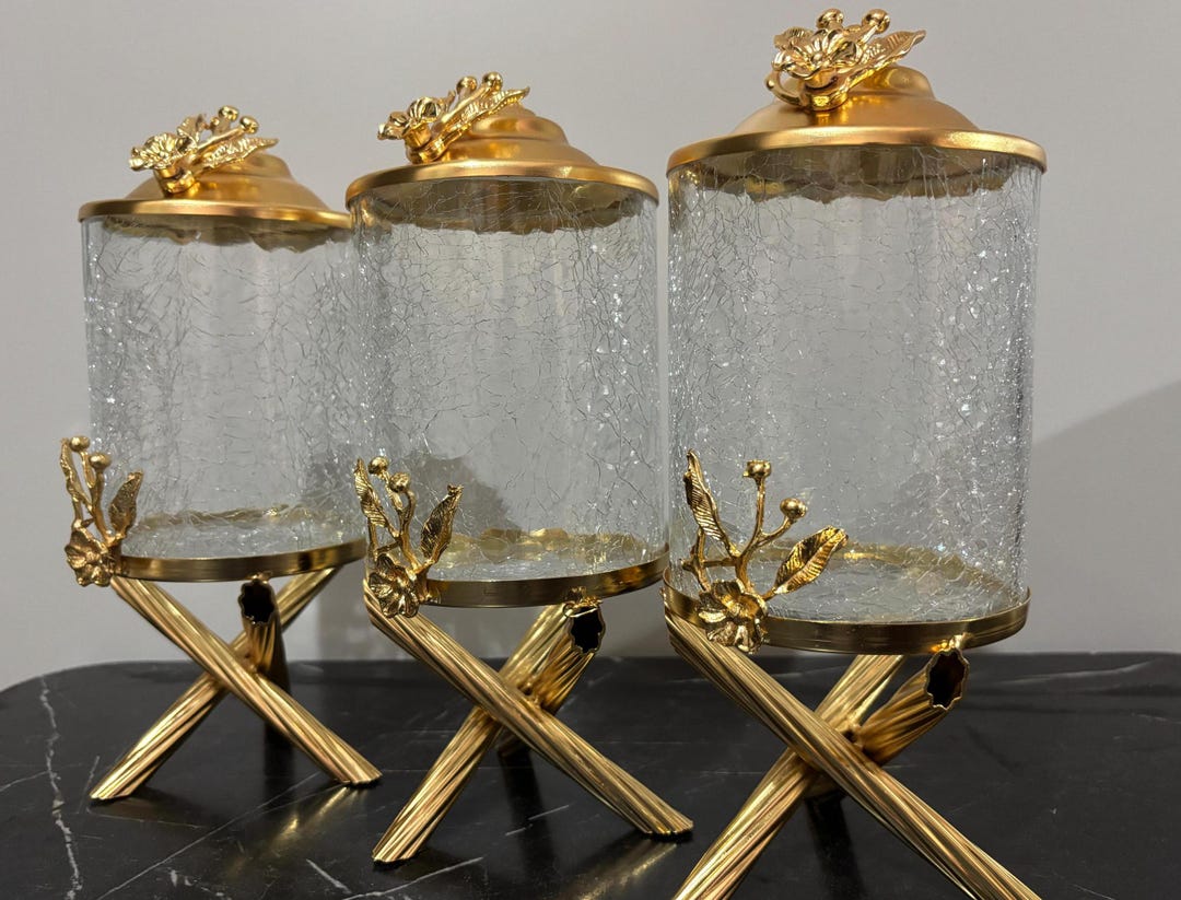 Luxury Gold Canister Set - 3-piece Glass Jars for Pantry Organization ...