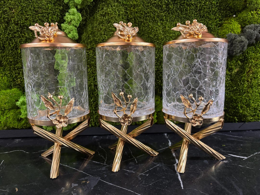 Luxury Gold Canister Set - 3-piece Glass Storage Jars With Floral Metal ...