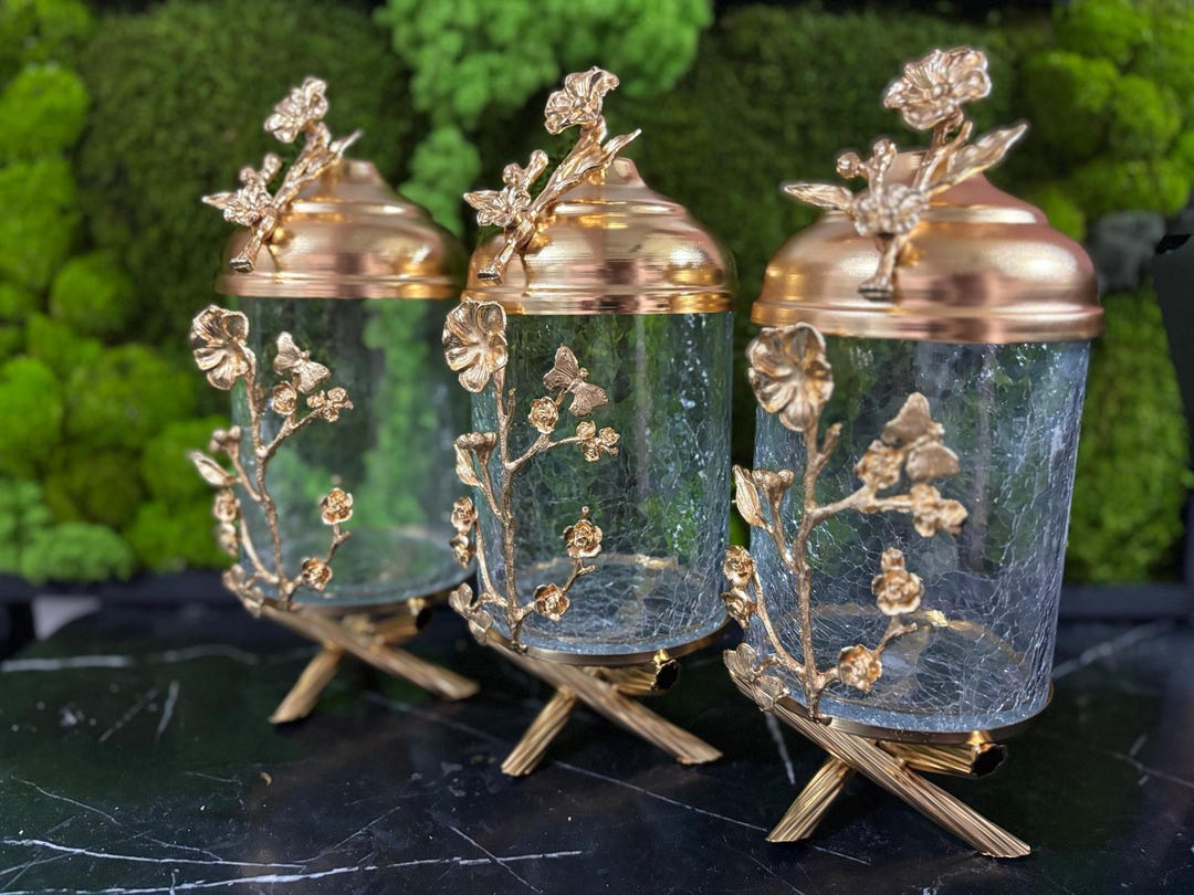 Luxury Gold Canister Set - 3-piece Glass Storage Jars With Floral Metal ...
