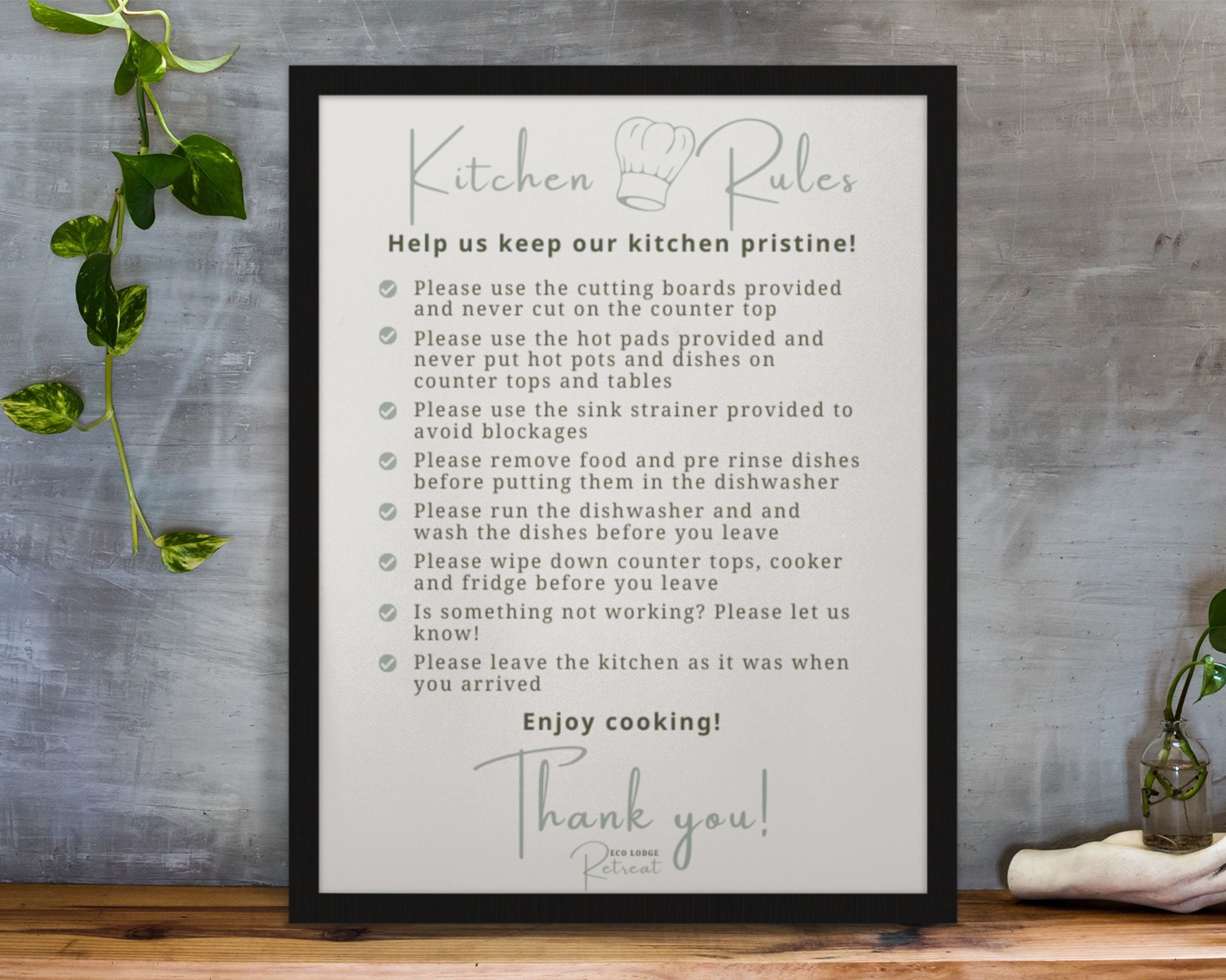 Kitchen Rules Sign for Airbnb and Vacation Rentals Sage Green Kitchen ...