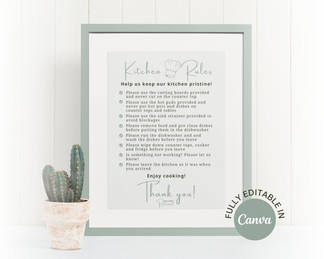 Kitchen Rules Sign for Airbnb and Vacation Rentals Sage Green Kitchen ...