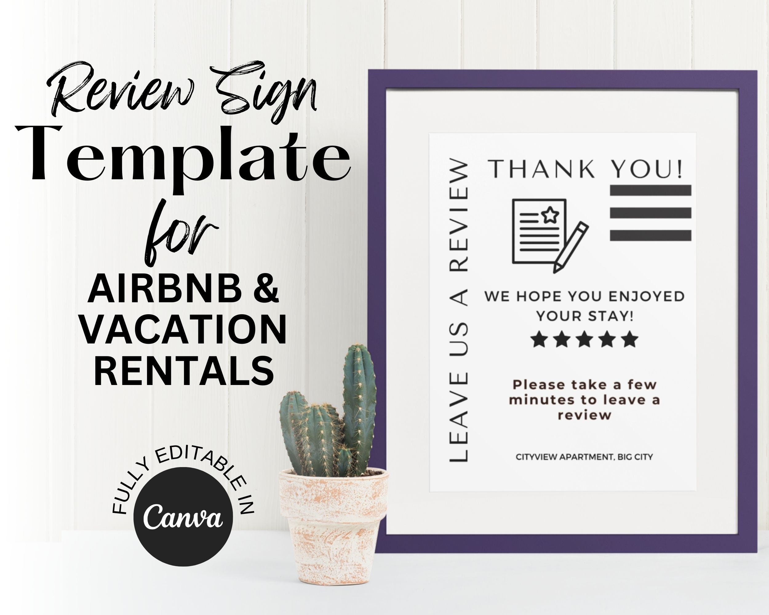 Airbnb Review Sign Black and White, Airbnb Sign Template, Minimalist ...