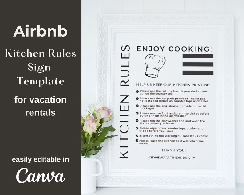 Kitchen Rules Sign, Airbnb Kitchen Rules Poster, Editable Canva Template, Airbnb Sign, Printable ...