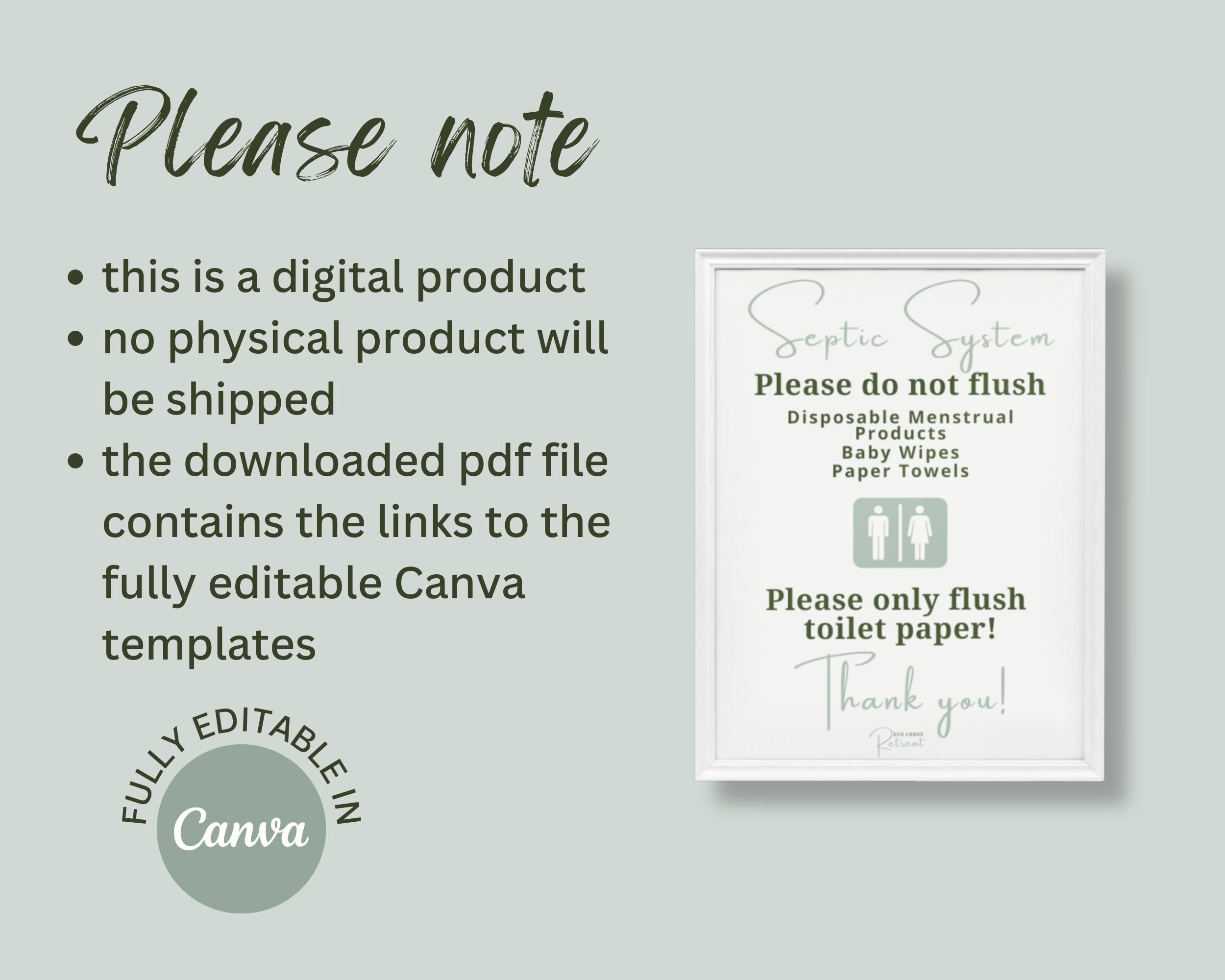 Septic System Airbnb Bathroom Sign Template for Canva Do Not Flush Sign ...