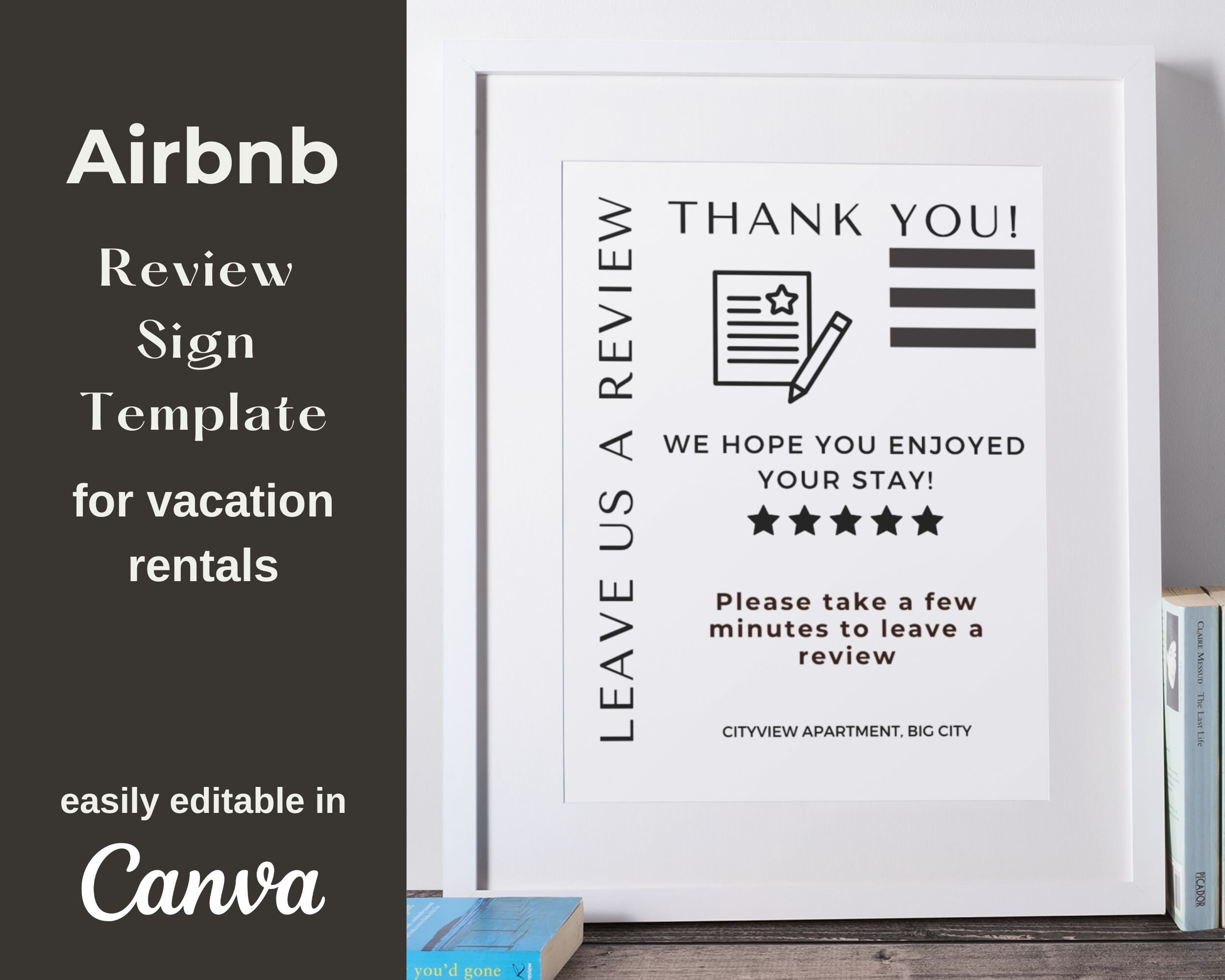 Airbnb Review Sign Black and White, Airbnb Sign Template, Minimalist ...