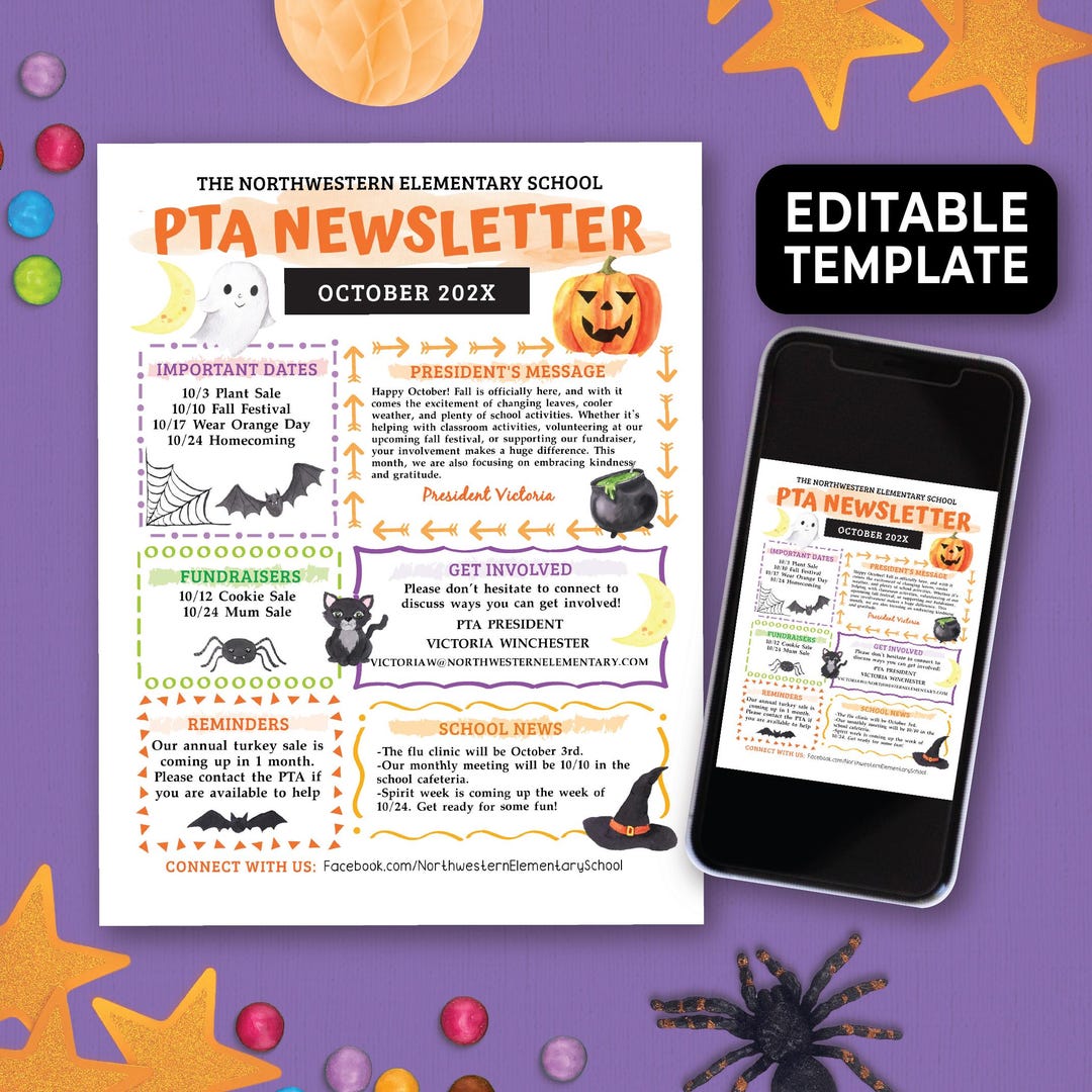 Editable PTO PTA Halloween Newsletter Template, October Fall Newsletter ...