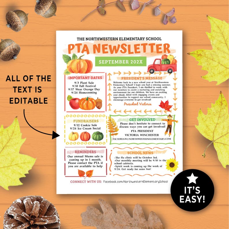 Editable PTO PTA Fall Newsletter Template, September, October or ...