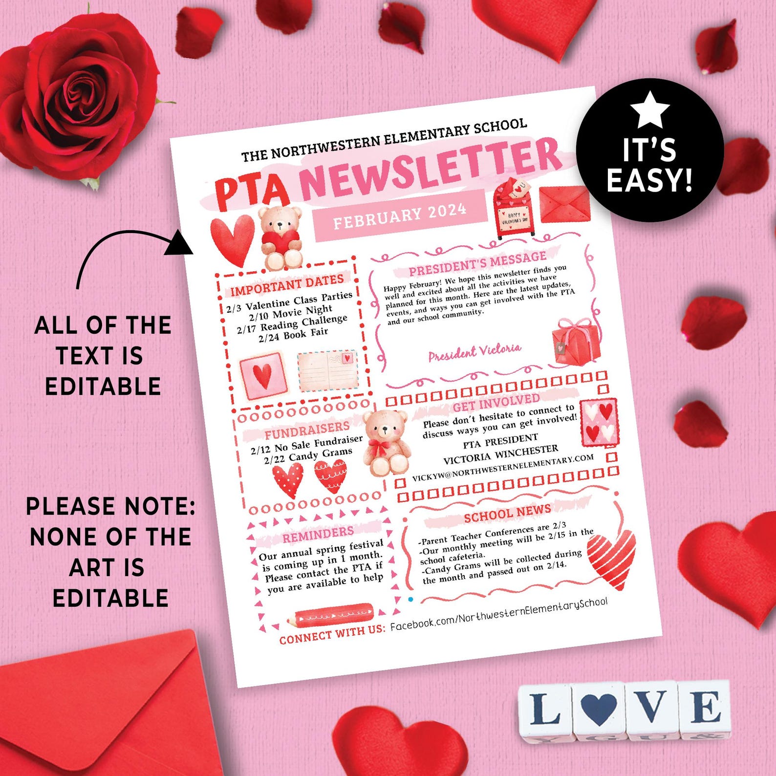 Editable PTO PTA February Newsletter Template, December, Valentine's ...