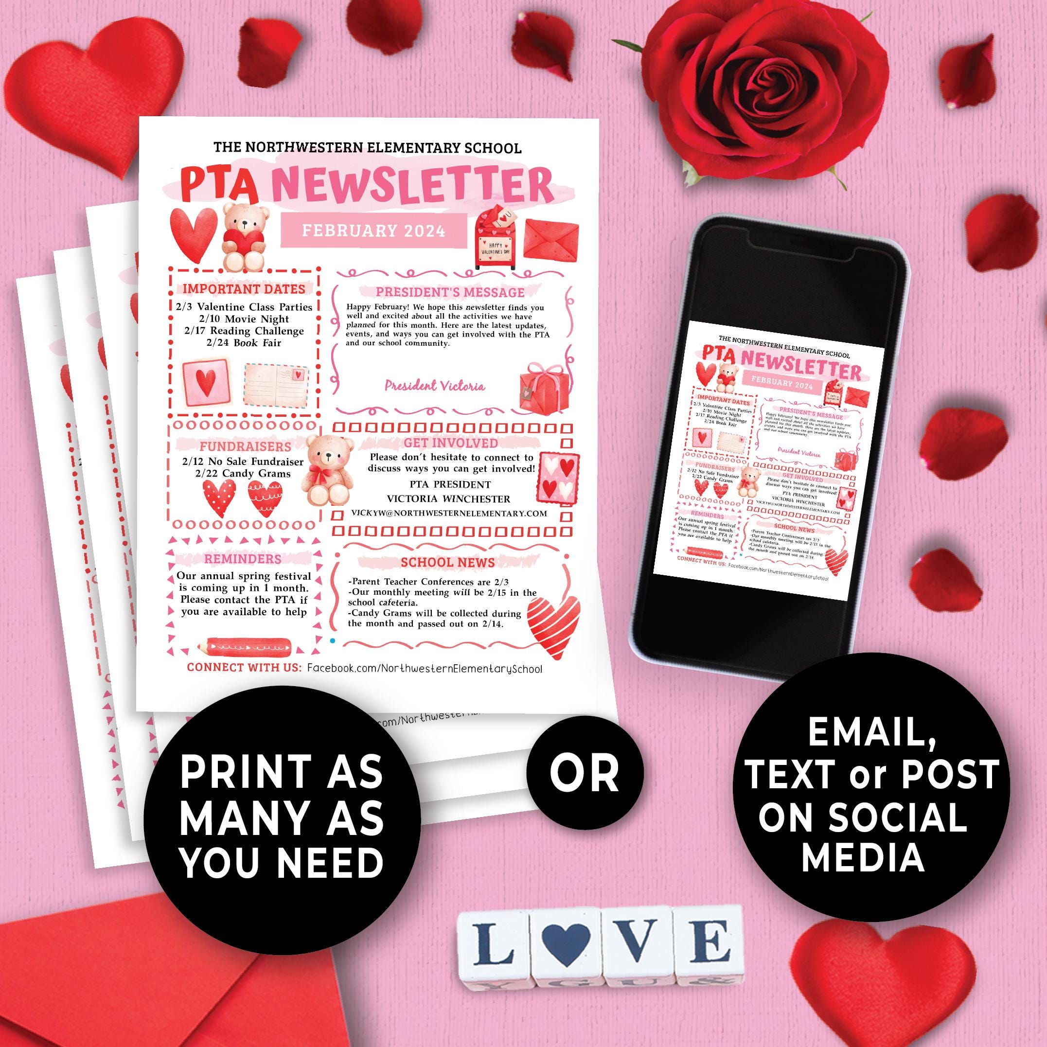 Editable PTO PTA February Newsletter Template, December, Valentine's ...