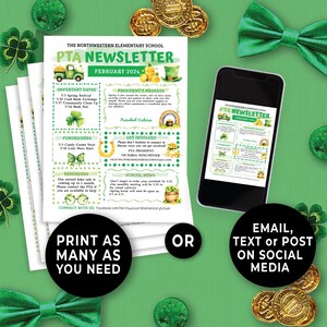 Editable PTO PTA March Newsletter Template, St Patrick's Day Themed ...