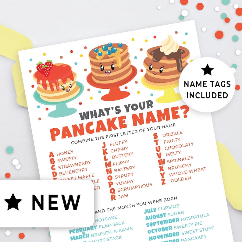 What's Your Pancake Name Party Game & Nametags, Pancake Breakfast ...