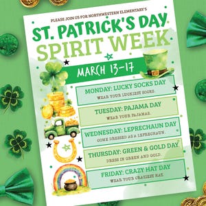 Editable St Patrick's Day Spirit Week Flyer, March Spirit Week Template ...