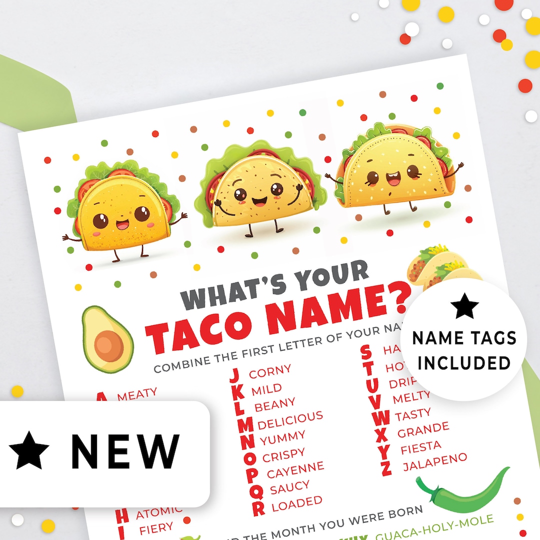 What's Your Taco Name Game With Name Tags, Taco Bout Party Game, Taco ...