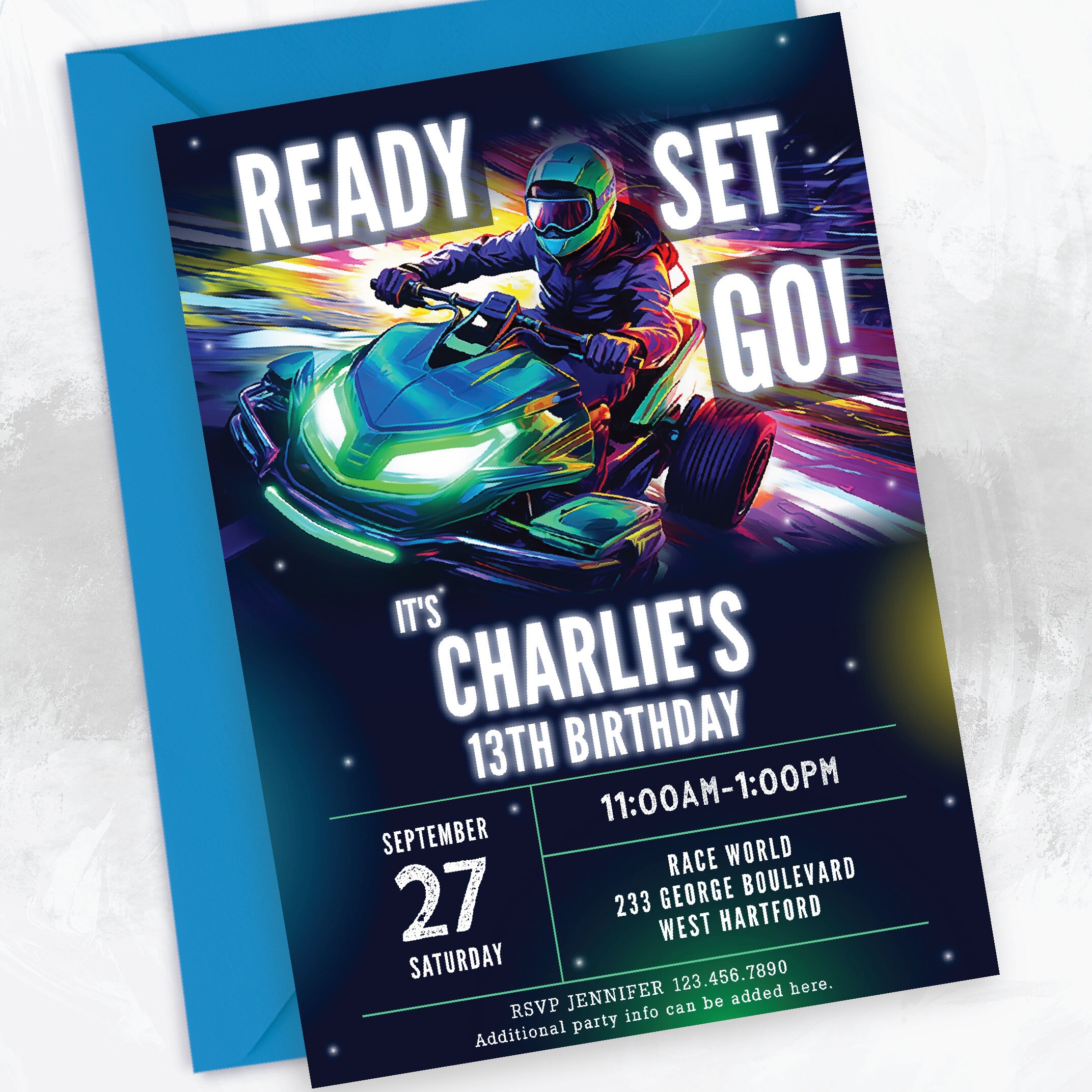 Editable Go Cart Invitation for Teenage/tween Boy, Neon Birthday ...