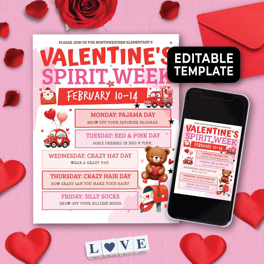 Editable Valentine's Spirit Week Flyer, February Spirit Week Template ...